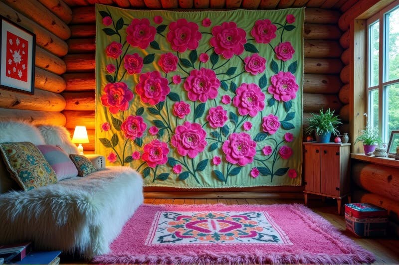 Cozy Log Cabin Interior with Colorful Floral Tapestry and Comfortable ...