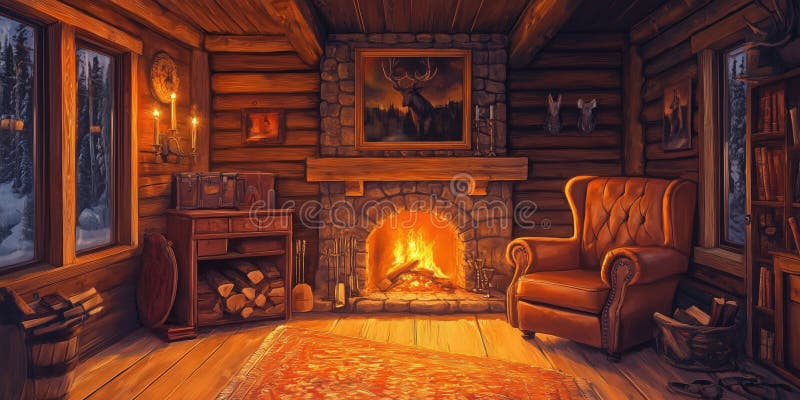 Cozy Log Cabin Interior with Fireplace, Armchair, and Rustic Decor in ...