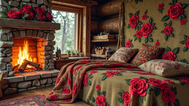 Cozy Log Cabin Interior with Stone Fireplace and Floral Bedding in ...