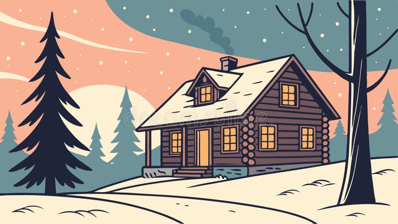 Cozy Log Cabin with Lights in Snowy Forest during Gentle Snowfall at ...