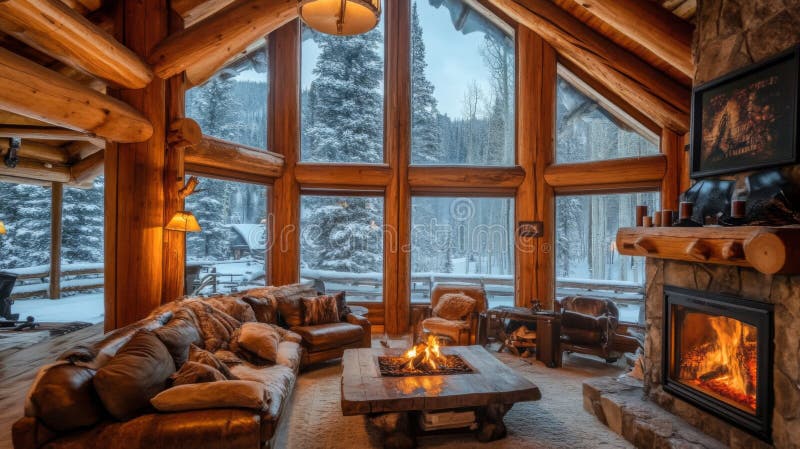 Cozy Log Cabin Living Room with Fire and Snowy Forest View Stock ...
