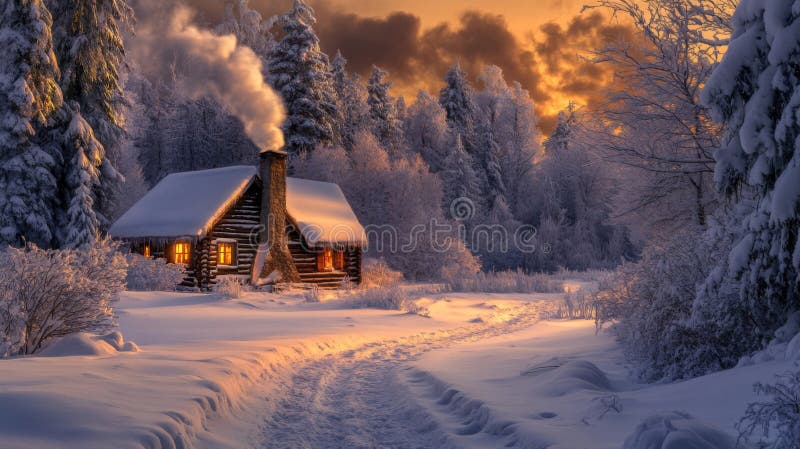 A Cozy Log Cabin Nestled in a Snowy Forest at Sunset Stock Illustration ...