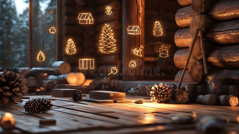 Cozy Log Cabin Setting with Warm Lighting and Floating Icons of ...