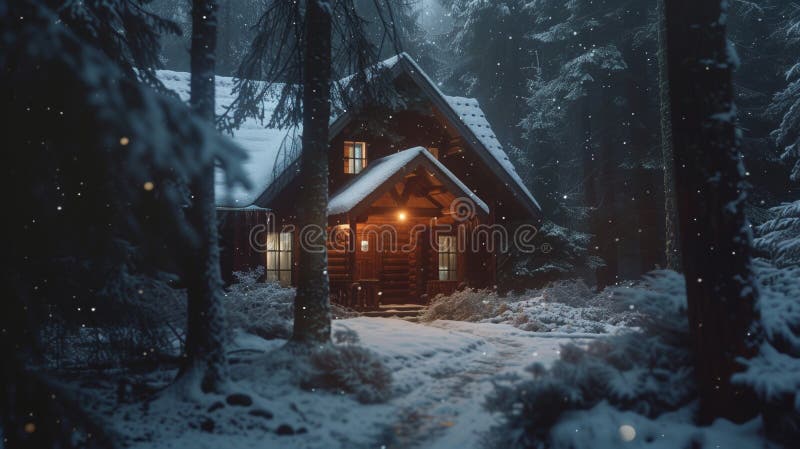 Cozy Log Cabin with Snow Falling Gently in a Pine Forest Stock ...