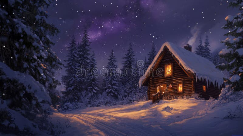 A Cozy Log Cabin in a Snowy Forest Under a Starry Night Sky Stock ...