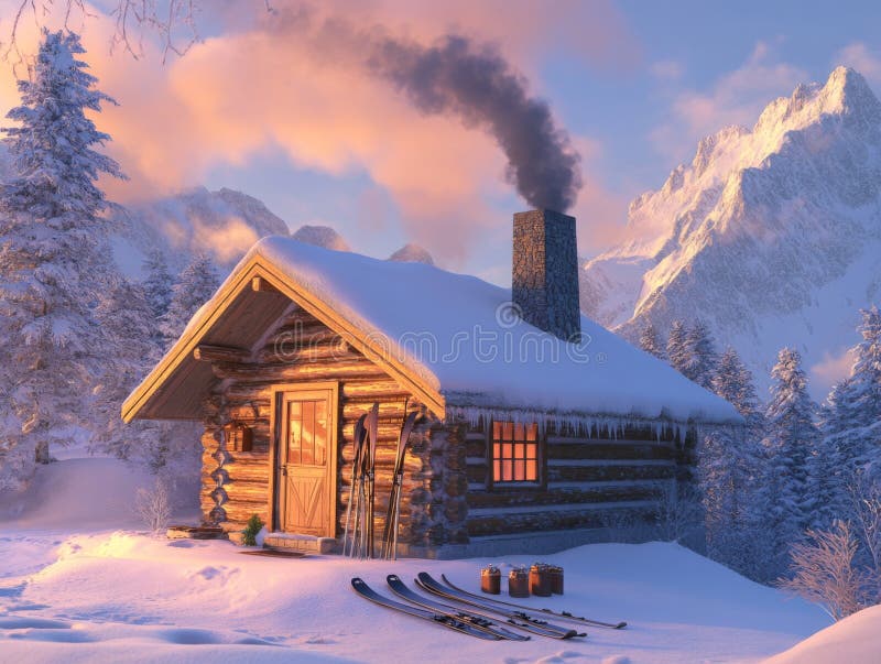 Cozy Log Cabin in a Snowy Mountain Landscape at Sunset Stock ...