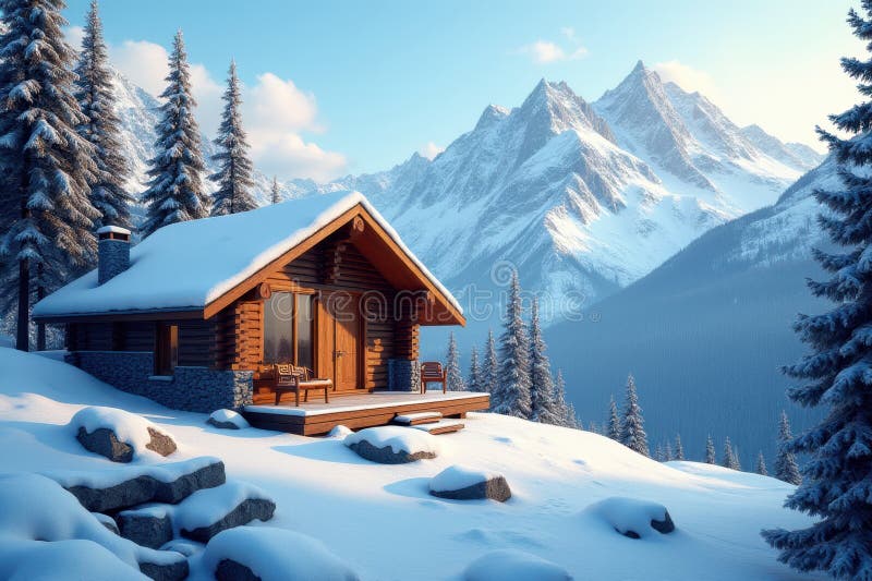 Cozy Log Cabin in Snowy Mountains Stock Illustration - Illustration of ...