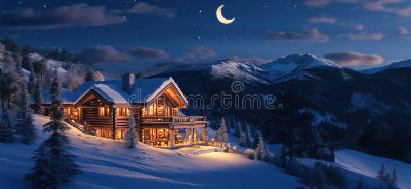 Cozy Log Cabin in Snowy Mountains Under Crescent Moonlight Stock Image ...