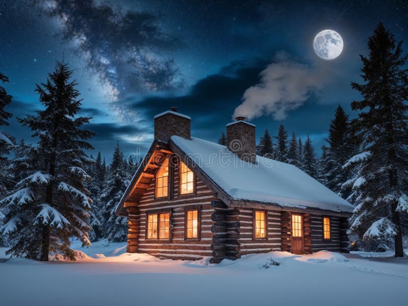 Cozy Log Cabin in Snowy Woods Under Starry Night Sky. Stock Image ...