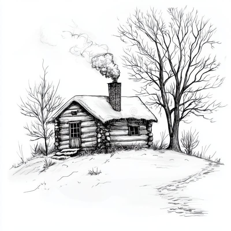 Cozy Log Cabin Surrounded by Snow-covered Trees Stock Illustration ...