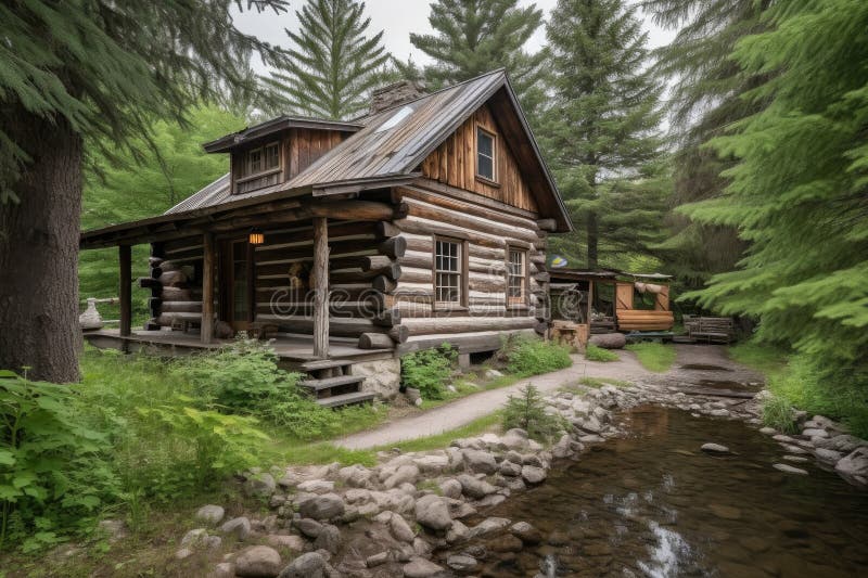 Cozy Log Cabin Surrounded by Towering Pines and Babbling Brook Stock ...
