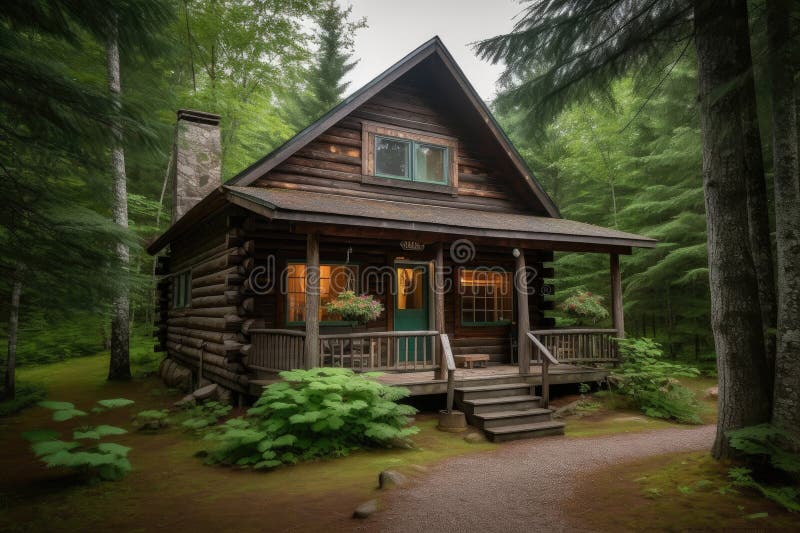 Cozy Log Cabin Surrounded by Towering Pines and Babbling Brook Stock ...