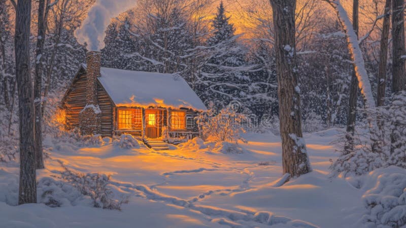 Cozy Log Cabin Winter Sunset Snowy Landscape Stock Illustration ...