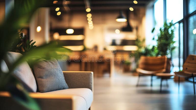 Cozy Lounge Area Modern Open Space Office Warm Lighting Wooden Accents ...