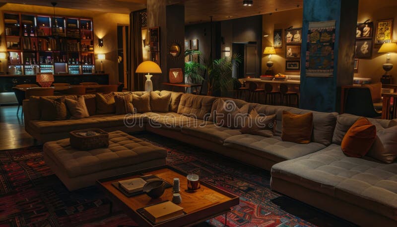 Cozy Lounge Area Featuring a Large Sectional Sofa, Warm Lighting, and a ...