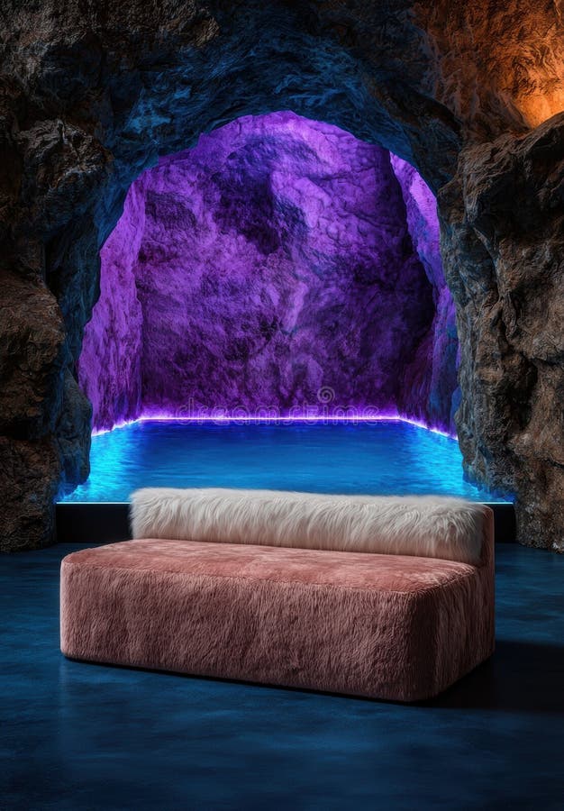A Cozy Lounge Area Inside a Cave with a Pool of Water. Stock ...