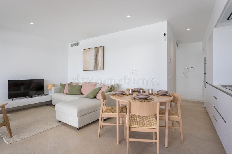 Cozy Lounge and Dining Area with Neutral Decor Editorial Stock Image ...