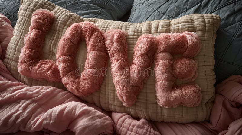 Cozy Love Pillow in Pink Letters on a Comfortable Bed Stock Image ...