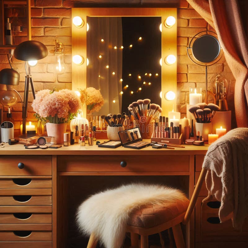 Cozy Makeup Vanity with Warm Lights and Plush Textures Stock ...