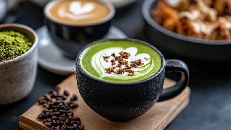 Cozy Matcha Latte with Coffee Beans and Latte Art for Caffeinated ...