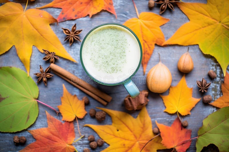 Cozy Matcha Latte Nestled among Autumn Leaves Stock Photo - Image of ...