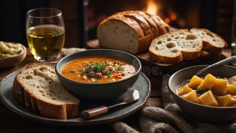 A Cozy Meal Featuring Soup, Bread, and a Drink by a Warm Fireplace ...