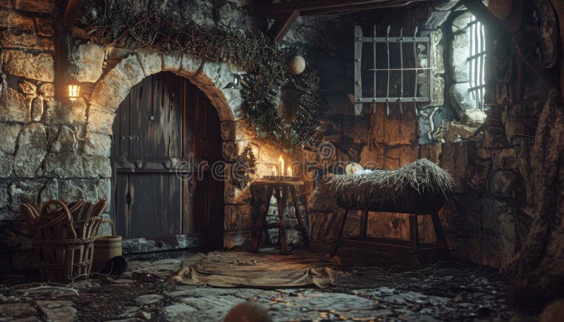 Cozy Medieval Interior with Stone Walls, Candles, and a Bed of Hay in a ...