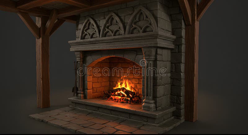 Cozy Medieval Stone Fireplace with Burning Fire and Wooden Beams Render ...