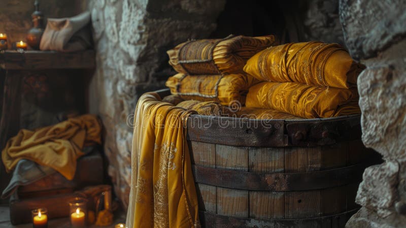 A Cozy Medieval Style Interior with Yellow Textiles. Stock Image ...