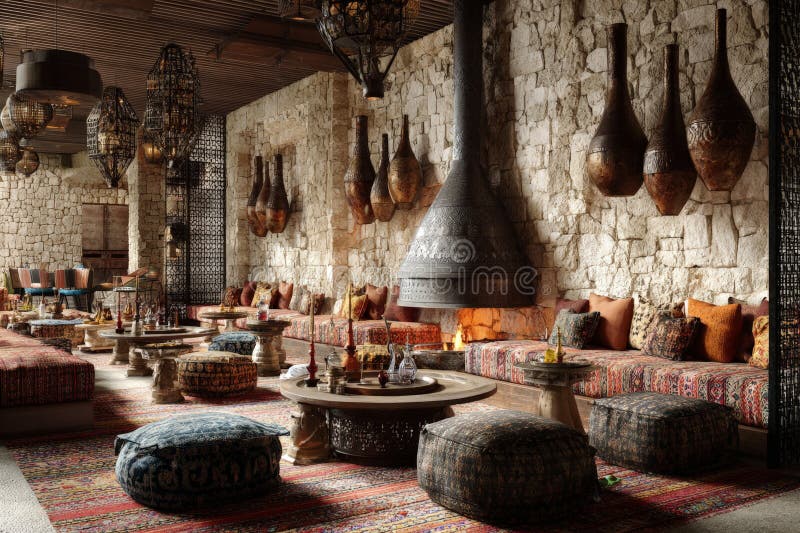 Cozy Middle Eastern Lounge with Cushions and Intricate Hanging Lamps ...