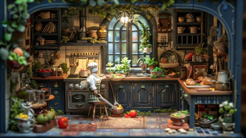 Charming Miniature Rustic Kitchen with Chef Figurine Stock Illustration ...
