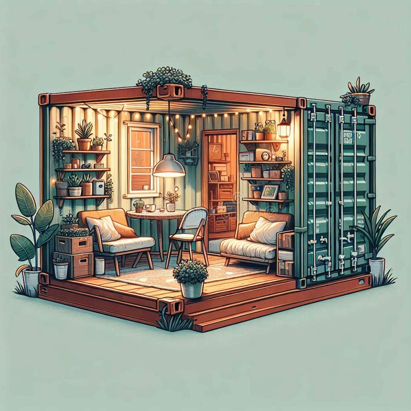 A Cozy, Minimalist Container Home with Plants, a Table, Chairs, and a ...