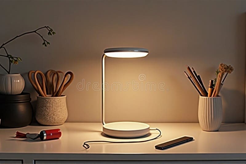 Cozy Minimalist Desk with Modern Lamp and Stationery in Warm Lighting ...