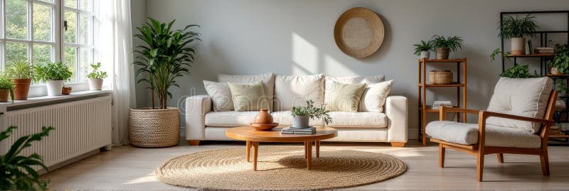 Cozy Minimalist Living Room with Neutral Tones and Indoor Plants Stock ...