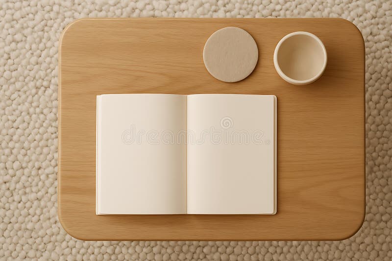 Cozy Minimalist Scene Featuring Open Notebook, Small Dish, and Coaster ...