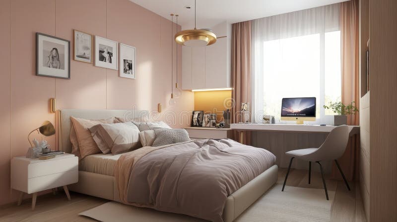 Cozy Modern Bedroom with Desk Space Stock Photo - Image of design ...