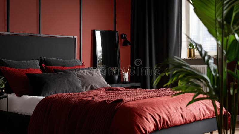 Cozy Modern Bedroom with Red and Black Decor Featuring Indoor Plants ...