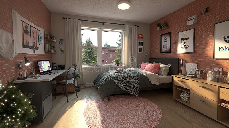 Cozy Modern Bedroom with Study Area Stock Illustration - Illustration ...