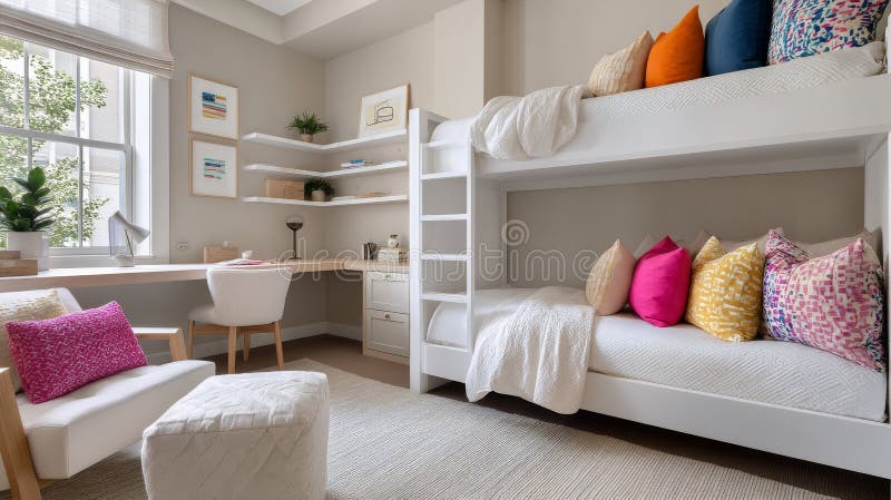 Cozy Modern Bedroom with White Bunk Beds and Colorful Pillows in a ...
