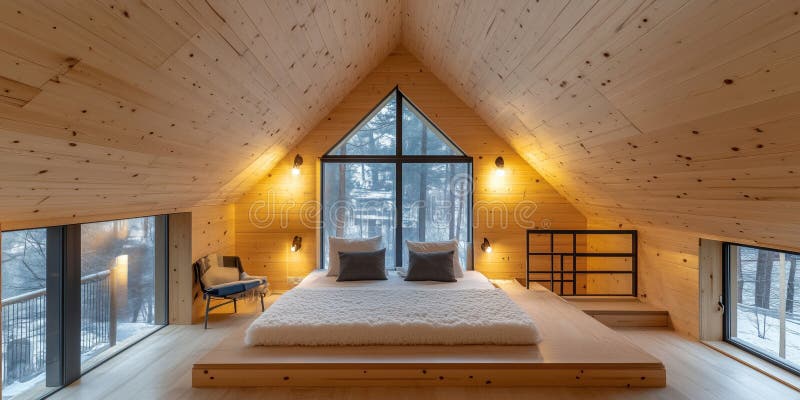 Cozy Modern Bedroom Wooden Interior Large Windows Winter Setting Stock ...
