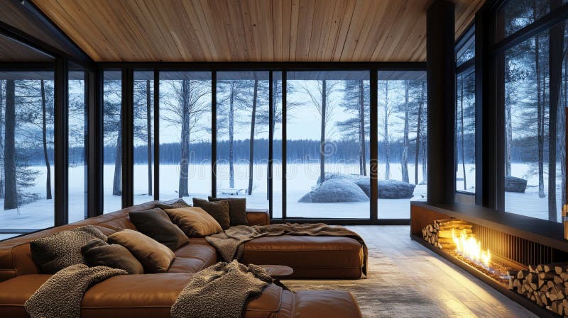 Cozy Modern Cabin Interior with Winter View and Fireplace Stock ...
