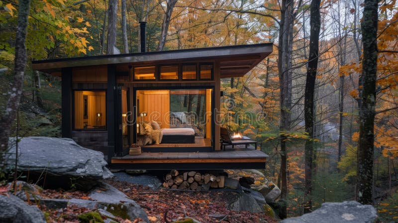 A Cozy Modern Cabin Nestled Amongst Towering Trees Featuring Large ...