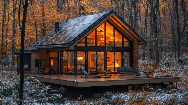 Cozy Modern Cabin with Solar Panels in Autumn Forest during First Snow ...