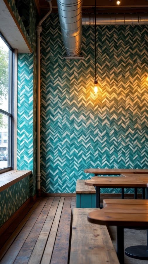 Cozy Modern Cafe Interior with Chevron Pattern and Wood Accents Stock ...