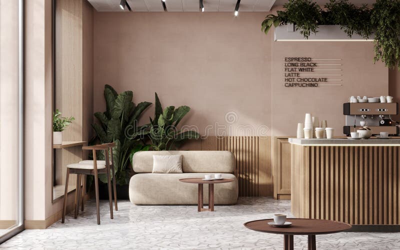 Cozy Modern Cafe Interior with Natural Wooden Elements, Mocha Mousse ...