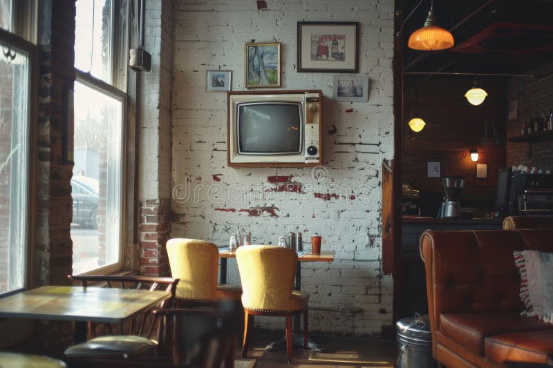 Cozy Modern Cafe Interior with Static TV Adding Artistic Touch for ...