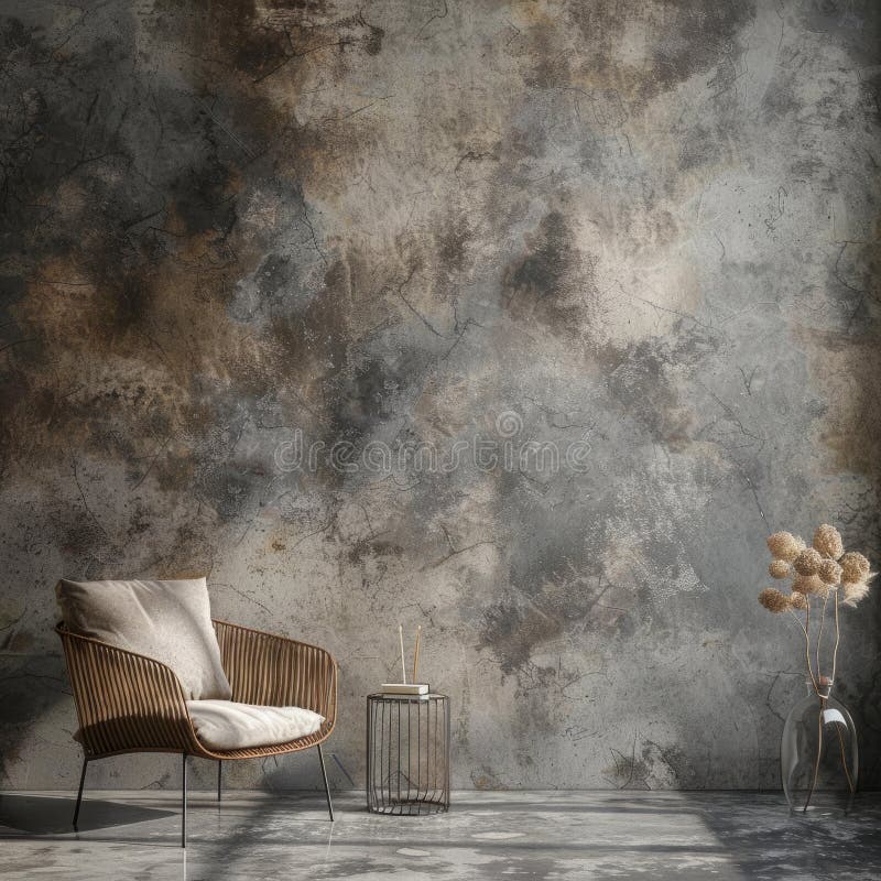 Cozy Modern Chair and Table Against Rustic Textured Wall in Minimalist ...
