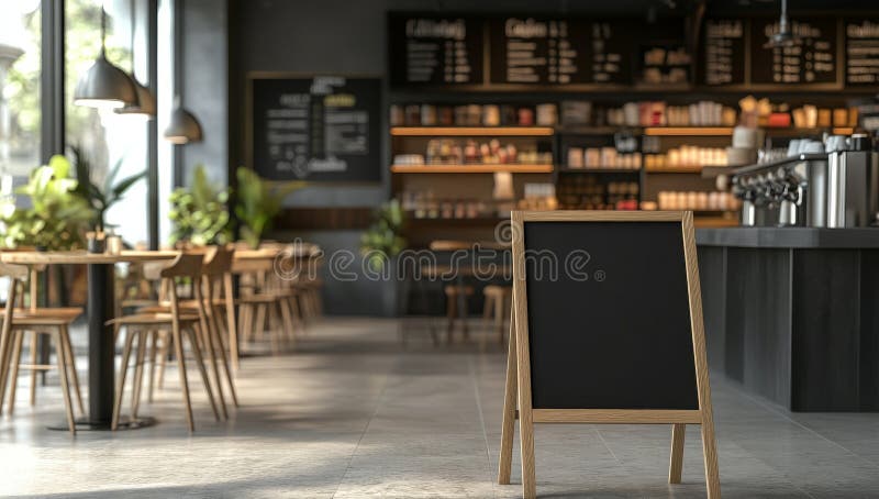 Cozy Modern Coffee Shop Interior with Empty Blackboard Sign and ...