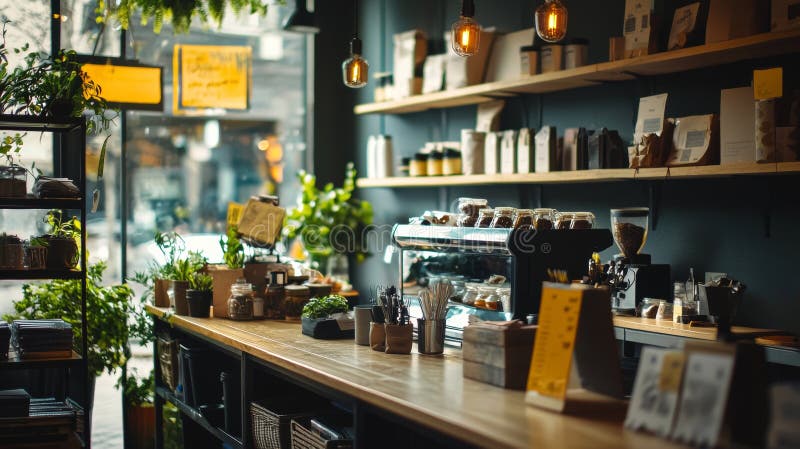 Cozy Modern Coffee Shop Interior with Wooden Counter and Plants Stock ...