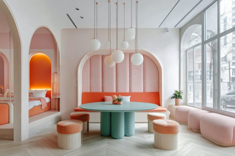 Cozy Modern Dining Area with Pastel Colors and Unique Lighting in an ...